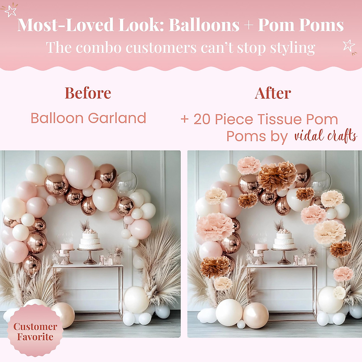 Vidal Crafts 20 PCS Dusty Pink, Rose Gold, Ivory, Pastel Grey, Tissue Paper Pom Poms Kit, 14", 10", 8", 6", Tissue Paper Flowers for Wedding, Birthday, Bridal Shower, Bachelorette, Baby Shower Décor