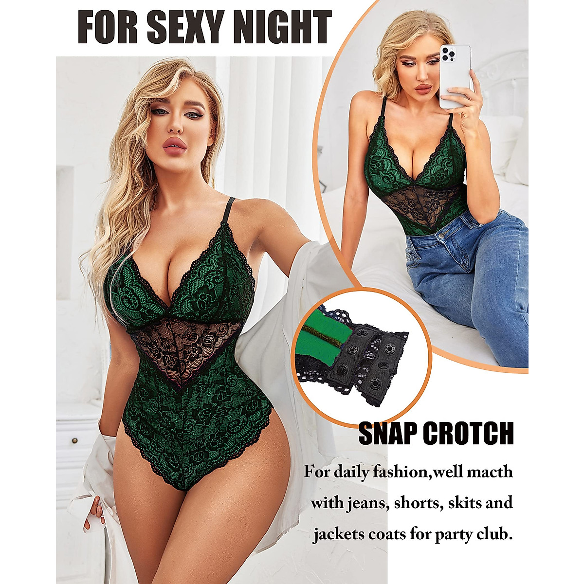 Avidlove Women One Piece Lingerie Deep V Teddy Contrast Lace Bodysuit Mini Babydoll (Green,L)