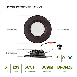 ASD Oil Rubbed Bronze 6 inch Recessed Lighting LED 12W 1000Lm 5CCT 2700/3000/3500/4000/5000K LED Dimmable Retrofit Downlights Baffle Trim CRI 90, UL 6 Pack