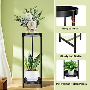 EMCCQJ Plant Stand Indoor Outdoor , Black 2 Tier 24" Tall Robust Flower Pot Stand Heavy Duty Metal Plant Shelf , Rustproof Iron Round Supports Rack for Planter Corners Gardens Balconies Patios
