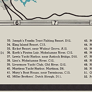 Map of Central California Striped Bass Fishing Grounds, Waterways, and Roads circa 1952 - from San Francisco to Stockton - Maps Inset Shows Boat Rentals (24 inches x 36 inches)