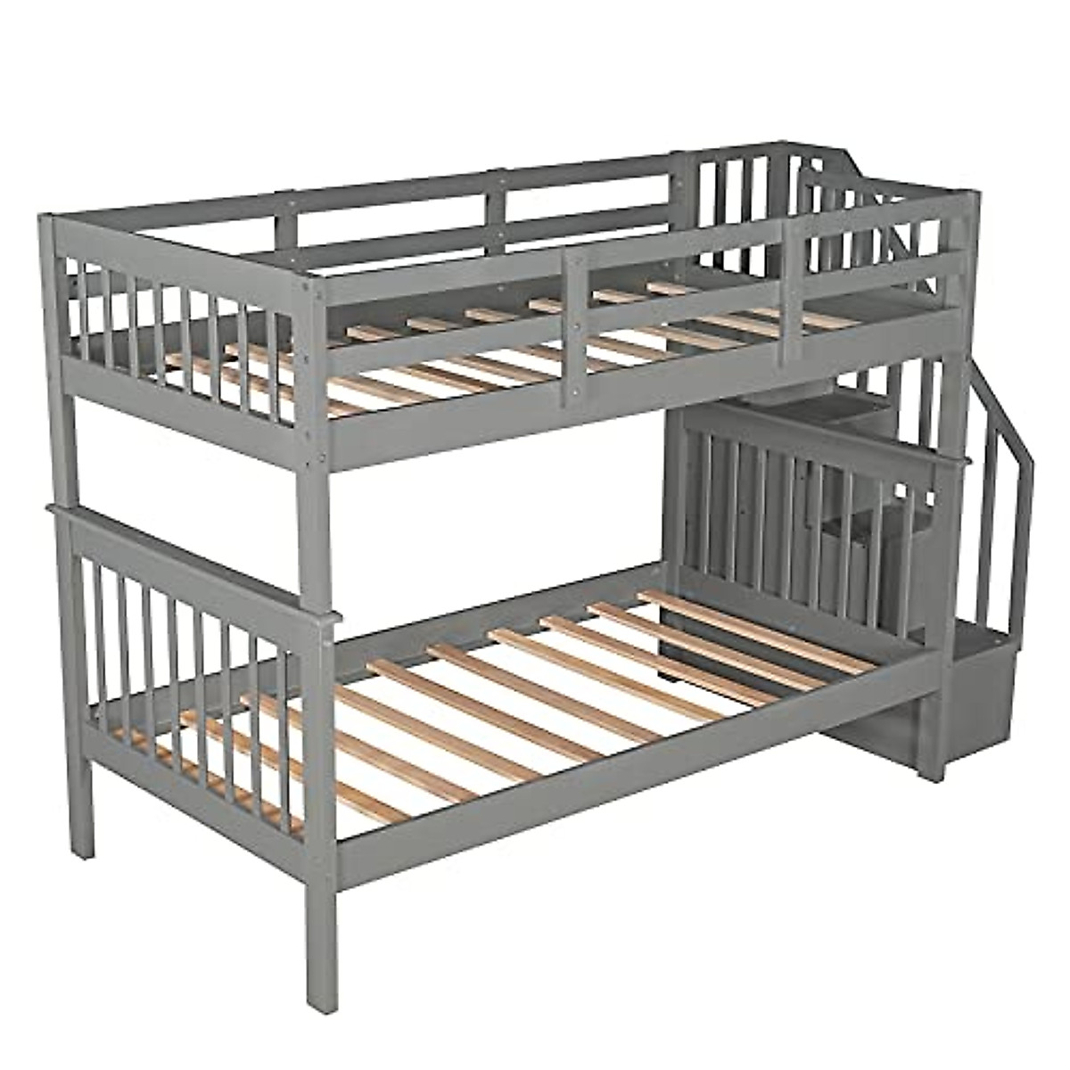 Harper & Bright Designs Twin Over Twin Bunk Beds with Stairs Wood Bunk Bed Frame with Storage Shelves for Kids Boys Girls Teens, Can be Divided into 2 Beds, Gray