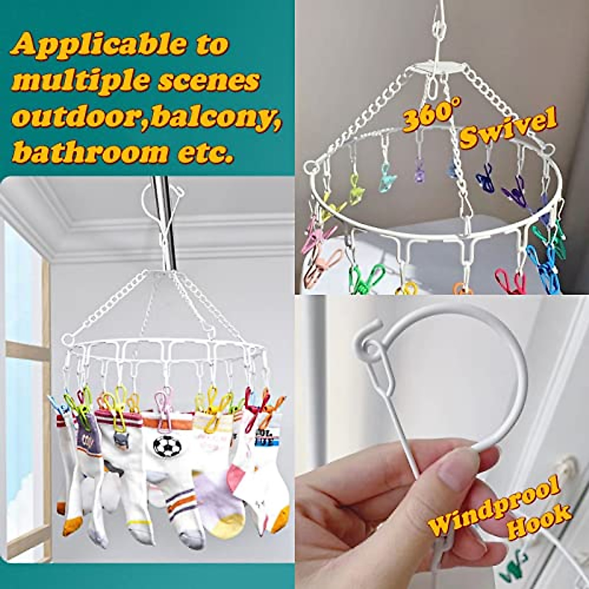 AIKAILI-US Clothes Drying Rack for Socks, Underwear,Bras,Lingerie Baby Clothes etc. Laundry Drying Rack with Windproof Hook Clip and 360 ° Rotation Design (16 Clips+10 DIY Clips,Rainbow Colors)
