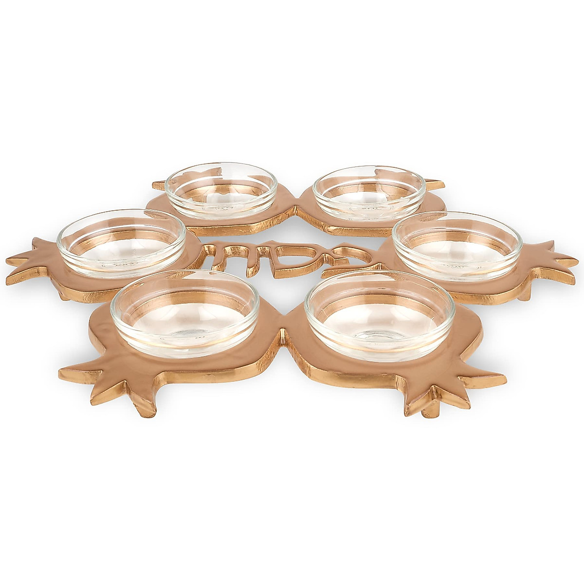 Zion Judaica Artistic Passover Seder Plate Pomegranate Shape Seder Tray Shiny Aluminum with 6 Glass Liners/Dishes Marked with the Names of Symbolic Pesach Foods Passover Plate Decor (Gold)
