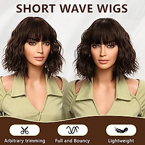 AISI HAIR Dark Brown Wigs for Women Short Wavy Bob Wig with Bangs for Women Synthetic Short Curly Wave Wigs Heat Resistant Fiber Hair Wigs for Daily
