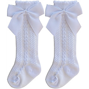 Baby Girls Knee High Socks Bow Thread Toddler Breathable Long Sock Cable Knit Tube (0-12 Months, Grey/Pink/Yellow/White/Red)