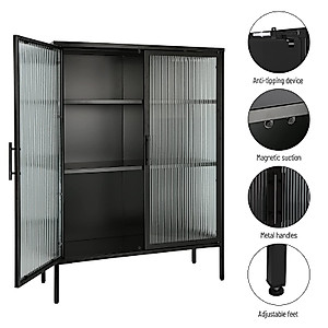 DiMorture 48 Inch-Height Double Glass Door Storage Cabinet, Sideboard Cupboard with Adjustable Shelves, Steel Display Cabinet Credenzas Console Table for Kitchen Entryway, Black