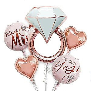 Diamond Ring Foil Balloon Set, 5pcs Bridal Shower Supplies for Bridal Shower Bride to be Party Wedding Engagement Decoration