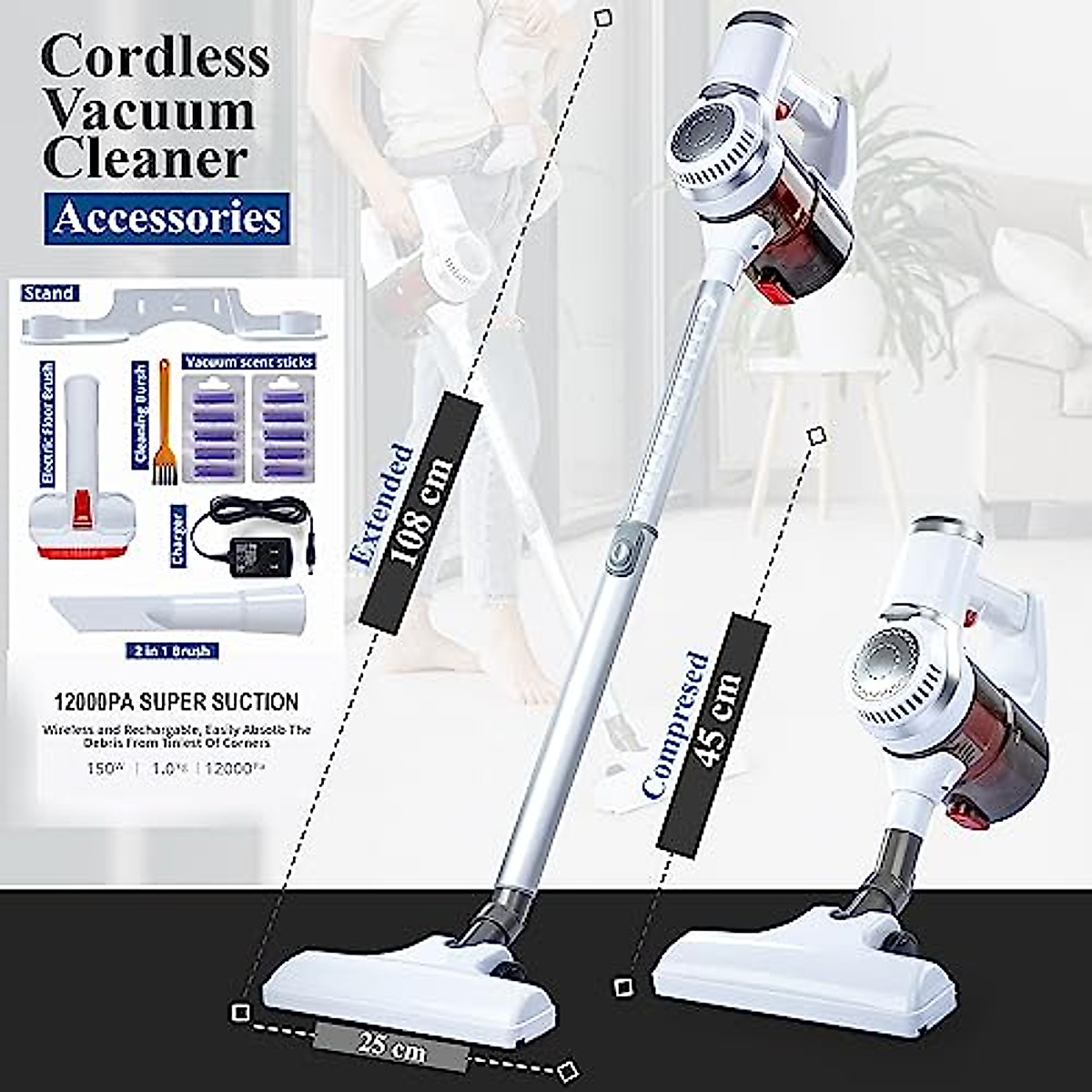 HOMEREALM Cordless Vacuum Cleaner, 4 in 1 Stick Vacuum Cleaners for Home. Portable Carpet Cleaner and Pet Hair Vacuum with Powerful Suction and 2000mAh Battery of 35 Min Runtime