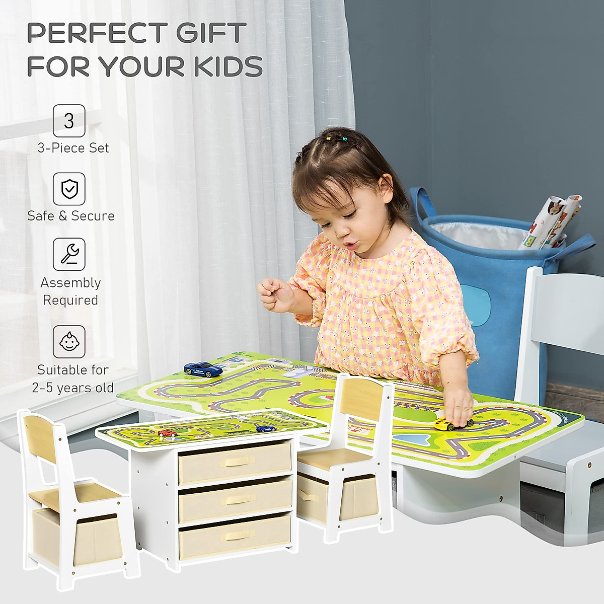 Qaba 3-in-1 Kids Activity Table and Chairs Set with 3 Surfaces Including Kids Drawing Table, Kids Building Blocks Table, Road Map with 2 Cars, Storage Baskets for Preschool Children