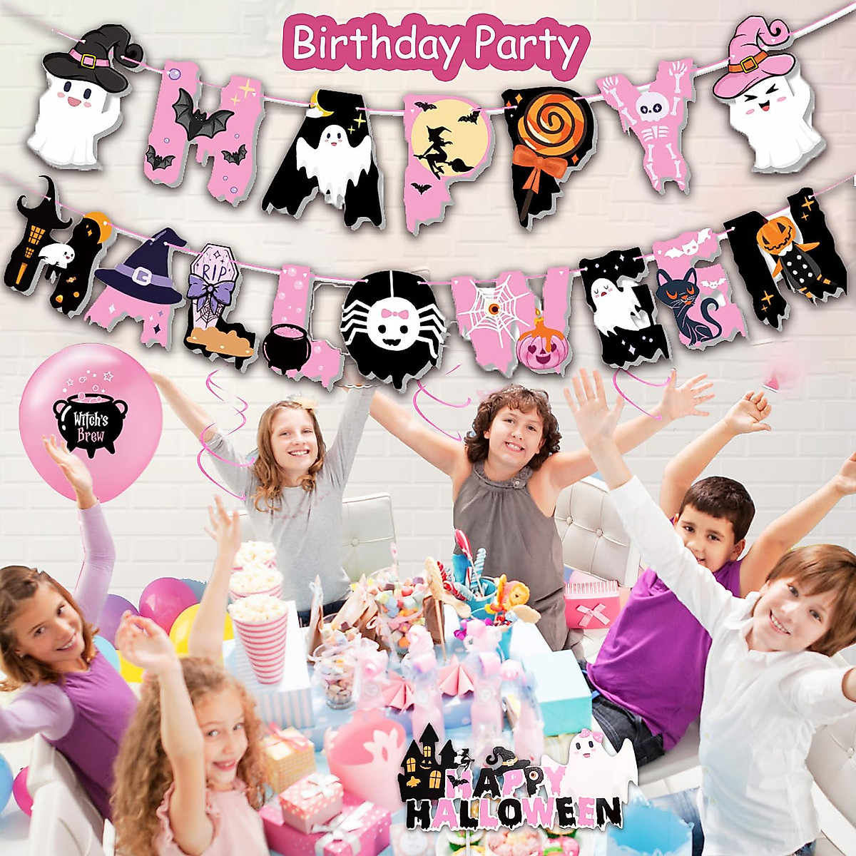 Pink Black Halloween Birthday Party Decorations Kit Happy Halloween Banner Castle Cake Topper Ghost Witch Bat Cupcake Toppers Skeleton Boos Ghost Balloons Kit for Halloween Baby Shower Party Decor