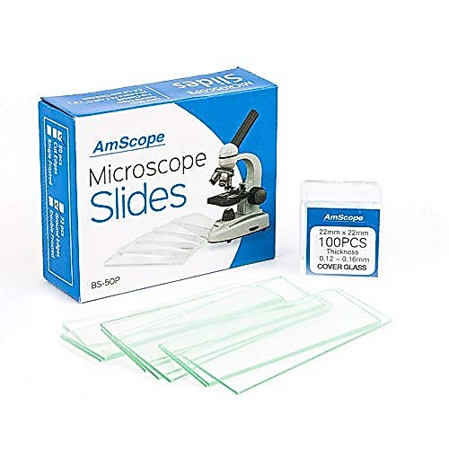 AmScope BS-50P-100S-22 Pre-Cleaned Blank Ground Edge Glass Microscope Slides and 100pc Pre-Cleaned Square Glass Cover Slips Coverslips