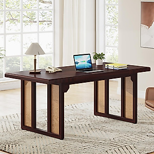 Tribesigns 70.9 Inch Executive Desk, Large Office Computer Desk with Rattan & Metal Frame, Modern Simple Study Writing Table Workstation Desk for Home Office, Conference Meeting Room