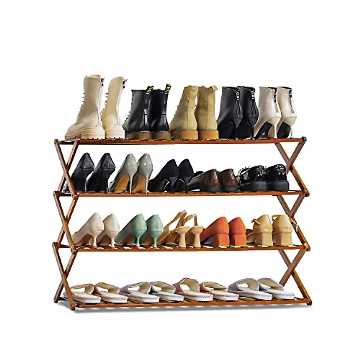 MoNiBloom Folding Shoe Stand, Bamboo Stackable Shoes Shelf Storage Organize for 21-25 Pairs Installation-Free for Entryway, Hallway Bedroom, Brown