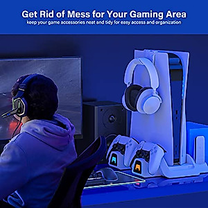 PS5 Stand and Cooling Station with Dual PS5 Controller Charging Station for Playstation 5 PS5 Console Disc/Digital Edition, PS5 Accessories, Cooling Fan, Headset Holder, 11 Game Slots, White