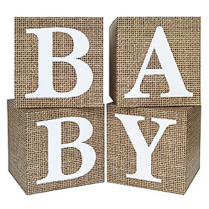 Burlap Print Baby Shower Boxes for Gender Reveal Party Gender Neutral Baby Shower Centerpiece Decor - 4 Pcs Burlap Grain Baby Cubes Baby Blocks with Letters, Rustic Baby Shower Decorations