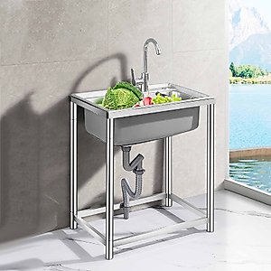SEYFI Kitchen Sinks Freestanding Stainless Steel for Kitchen Single Bowl Commercial Restaurant Kitchen Sink, for Laundry, Backyard, Garage, Restaurant/Hot and Cold/Single Cold/52 * 38