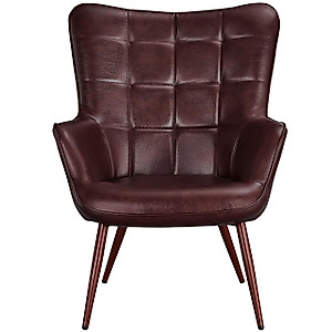 Yaheetech PU Leather Armchair, Mid-Century Accent Chair with Tapered Legs Tufted Sofa High Back Oversized Chairs for Living Room Home Office Bedroom, Chestnut Brown