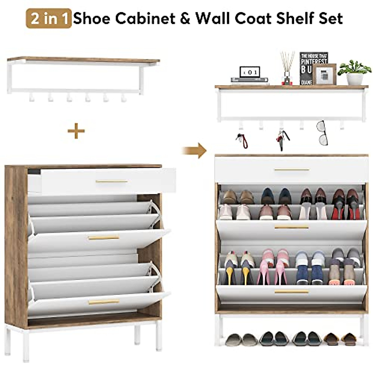 Tribesigns Shoe Cabinet 16 Pairs, Modern Slim 3 Flip Drawers Shoes Rack Storage Organizer with Coat Shelf, White Sneaker Holder Stand with Doors Thin Tipping Shoe Storage Cabinet for Entryway, Hallway