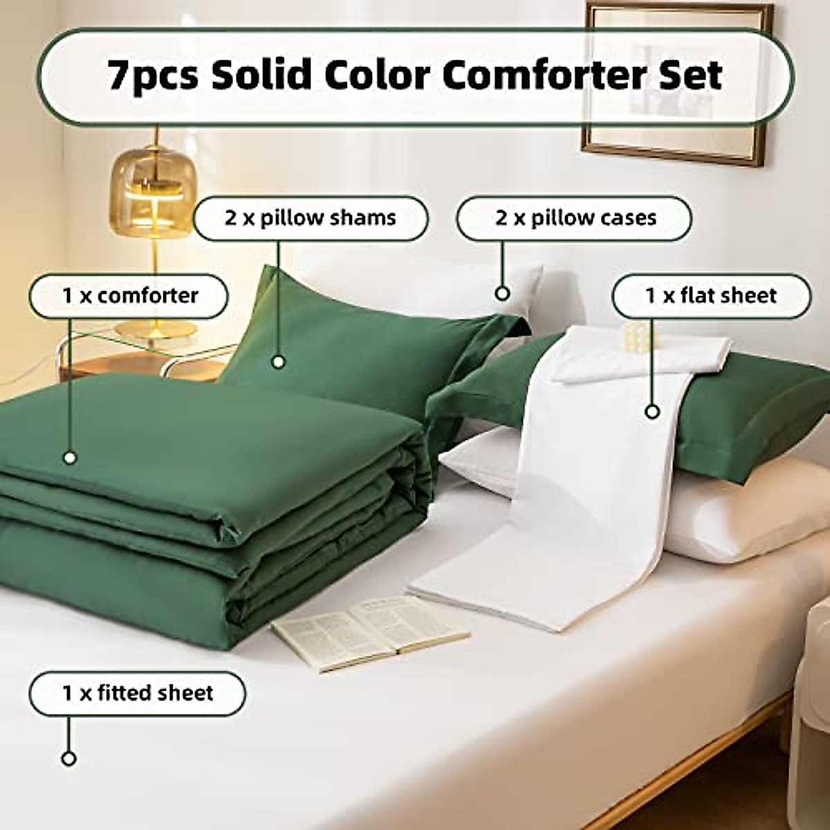 weigelia Queen Comforter Set Boho Bed Comforter Set 7PC Emerald Green Comforters Queen Size Bed in a Bag Soft Microfiber Comforter with Pillow Shams Fitted Sheet Flat Sheet Bedding Set for All Season