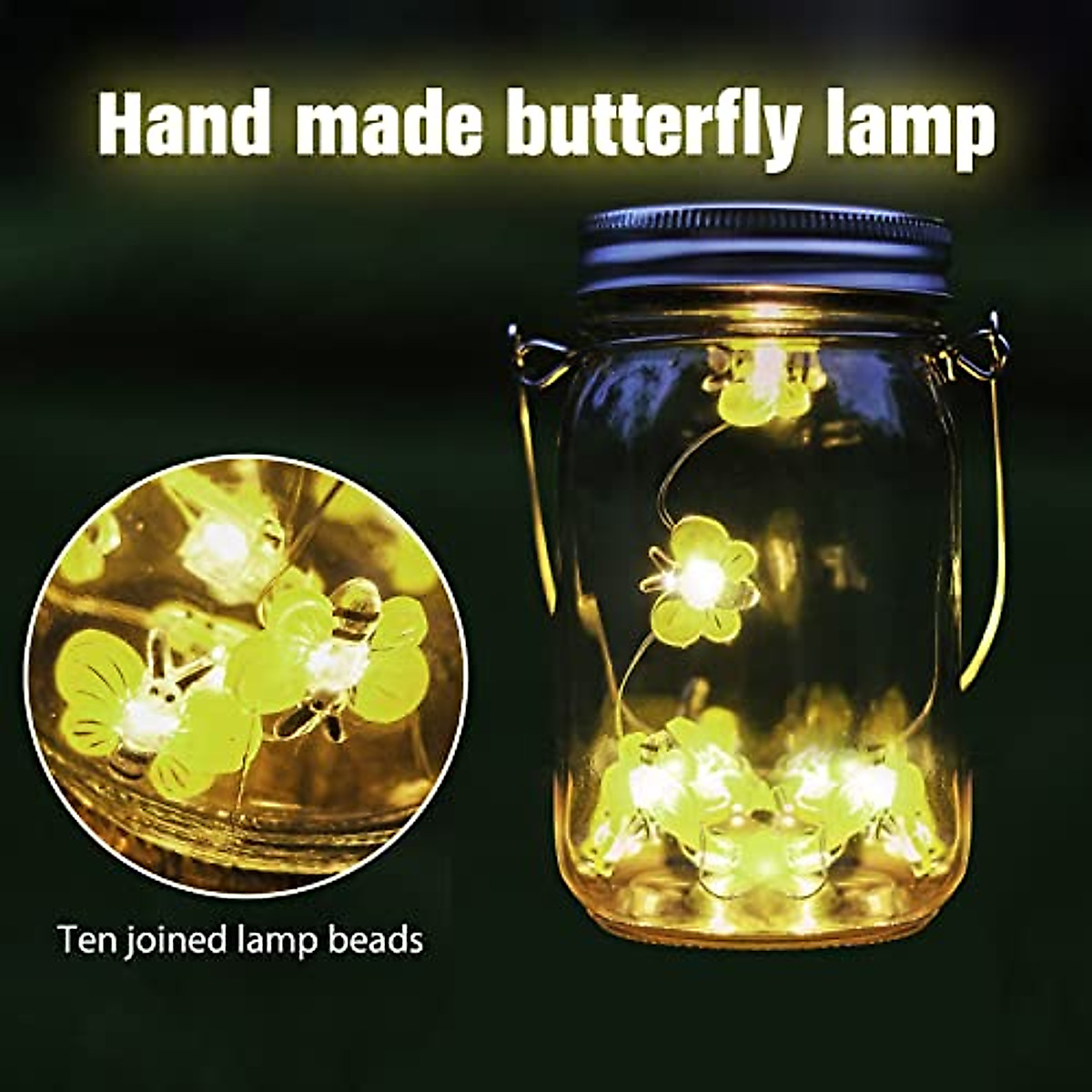 Mason Jar Light Hanging Solar Lantern Outdoor Lights Waterproof Decorative, Solar Garden Light with 10 pcs Butterfly LED Lights, Landscape Lights for Home or Yard Decor, 2 Pack.