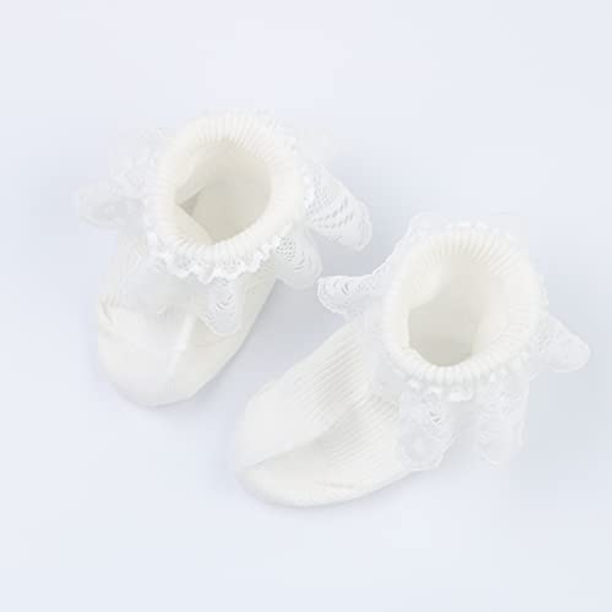 VINIKNIKA 6 Pairs Baby Girls Socks Newborn Ruffle Lace Socks Princess Frilly Knit Cotton Socks with Bows for Infant Toddler Kids (White 6 Pairs Set 6, 6_months)