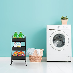 3 Tier Rolling Cart, Metal Ultility Cart with Extra Large Lockable Wheels, Makeup Storage Organizer Craft Trolley, Serving Cart Easy Assembly for Kitchen, Bathroom, Office (Black)