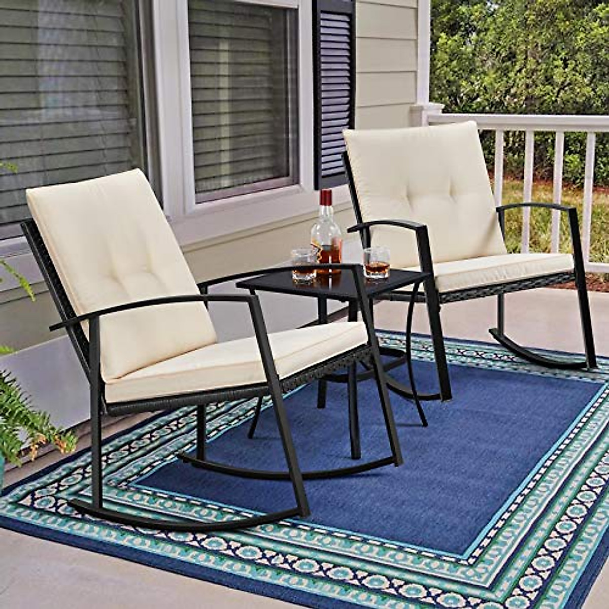 Yaheetech 3-Piece Patio Furniture Set, Outdoor Rocking Chairs Bistro Set, 2 PE Rattan Chairs with Glass Coffee Table Wicker Furniture Set - for Garden Balcony Backyard Poolside