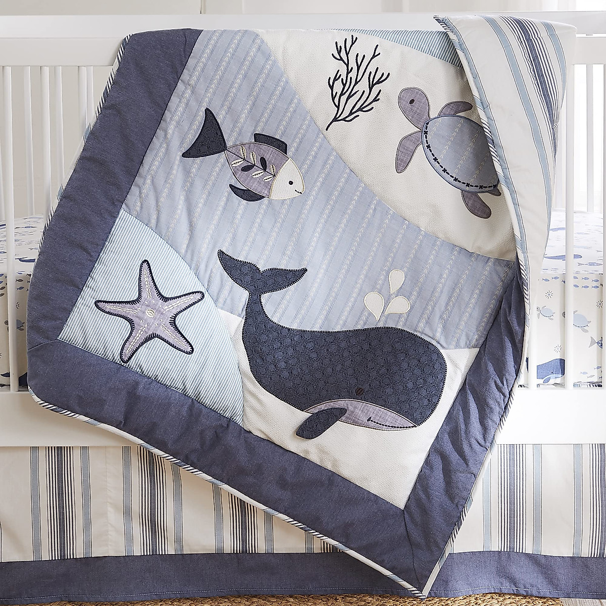 Levtex Baby - Boho Bay Crib Bed Set - Baby Nursery Set - Navy, Blue, Grey and White - Under The Sea - 5 Piece Set Includes Quilt, Two Fitted Sheets, Wall Decal & Skirt/Dust Ruffle