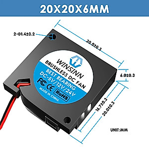 WINSINN DC 20mm Blower Fan 5V 2006 Hydraulic Bearing Brushless Cooling 20mmx6mm 2PIN (Pack of 2Pcs)