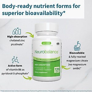 Igennus Neurobalance, High Absorption Chelated Zinc Picolinate 24mg, Magnesium & Vitamin B6, Brain, Sleep & Immune, Magnesium Stearate and Oxide-Free, Non-GMO, 120 Tablets