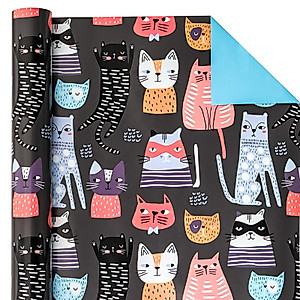 WRAPAHOLIC Reversible Wrapping Paper - Mini Roll - 17 Inch x 33 Feet - Adorable Cat and Solid Blue Design for Birthday, Holiday, Party, Baby Shower
