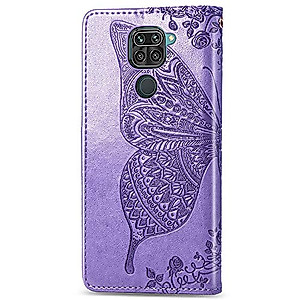 EMAXELER Xiaomi Redmi Note 9 Case Slim Shockproof Magnetic Closure Retro PU Leather Folio Flip Wallet Cover Case with Stand Card Slot for Xiaomi Redmi Note 9 Flower Butterfly Light Purple SD