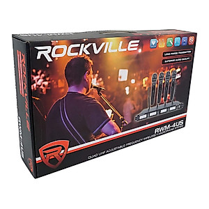 Rockville RWM-4US Quad Wireless UHF 4 Microphone System w/Adjustable Frequency, Black