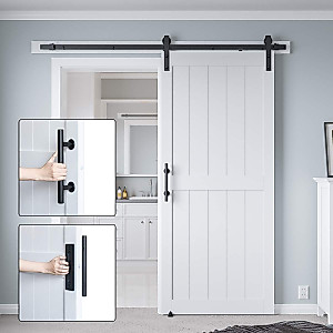 COSHOMER 36in x 84in MDF Sliding Barn Door with 6.6ft Barn Door Hardware Kit & Handle, Pre-Drilled Holes Easy Assembly -Solid Barn Door Slab Covered with Water-Proof PVC Surface, White, H-Frame