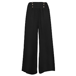 ODIZLI Palazzo Pants for Women Petite Wide Leg Trousers Women Elastic High Waist Wide Leg Dress Pants Flowy Beach Pants Boho Pants Casual Loose Lounge Trousers Linen Pants for Women Black XL
