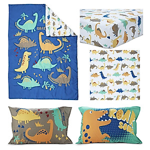 Baby Boom Funhouse Dinosaur Roarsome 4 Piece Toddler Bedding Set – Includes Comforter, Sheet Set– Fitted + Top Sheet + Reversible Pillowcase for Boys Bed, Blue
