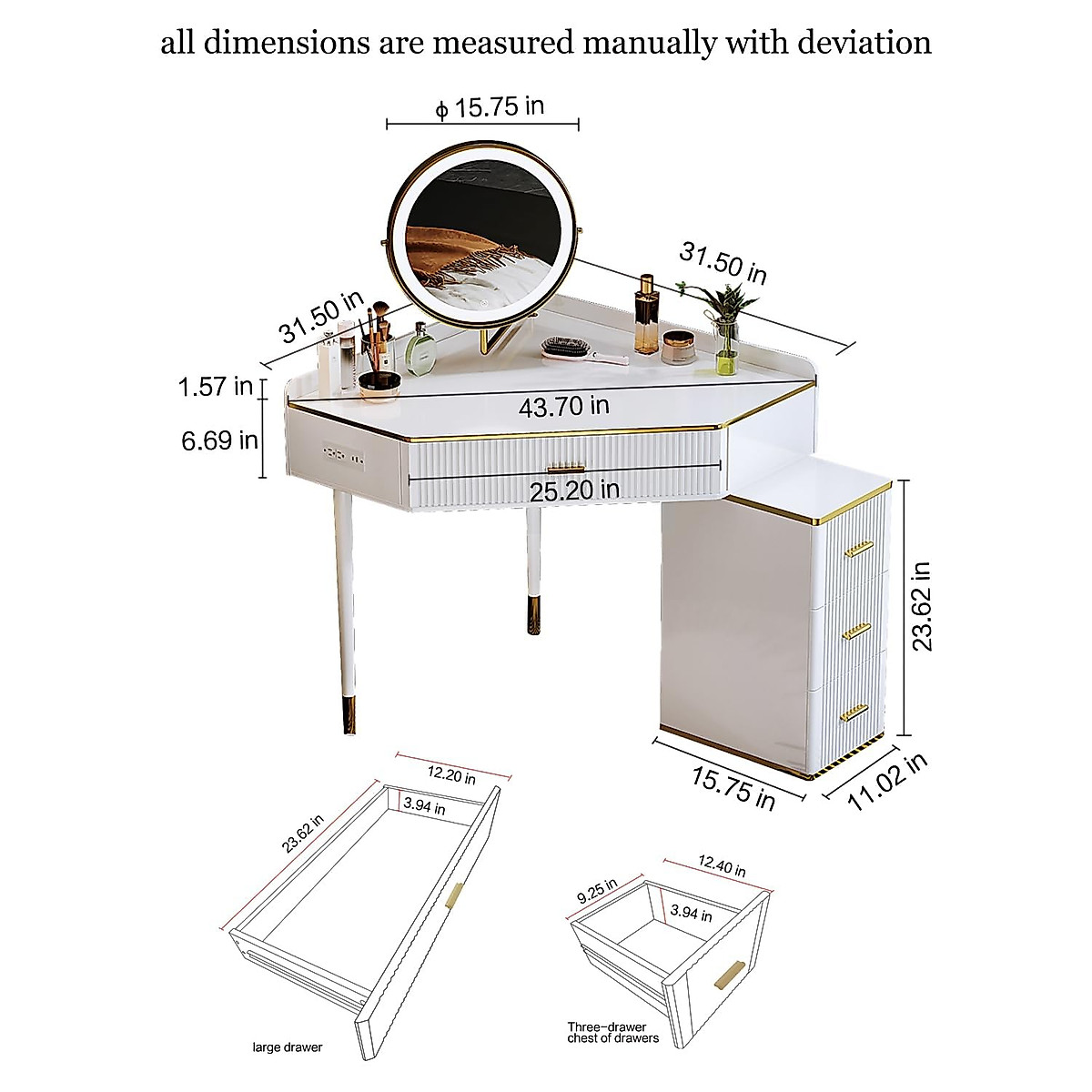 Makeup Vanity Desk with Mirror and Lights, Modern White Corner Vanity Desk, Large Size Corner Vanity Desk, Vanity Table with 4 Drawers, With Power Strip and Nightstand,Writing Desk, White Vanity