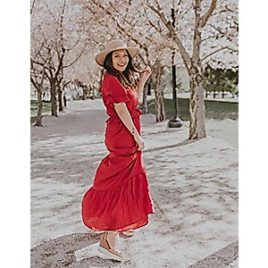 PRETTYGARDEN Womens Summer Boho Maxi Dress Short Sleeve V Neck Ruffle Trim High Waisted Tiered Party Flowy Long Dresses 2023 (Red, X-Large)