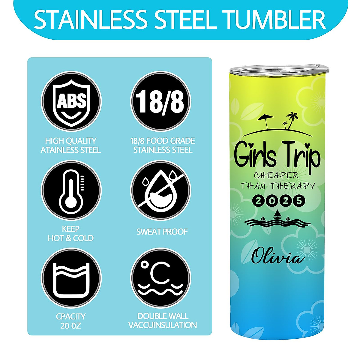 Personalized Girls Trip Tumblers with Name, Beach Cruise Insulated Cup with Lid and Straw, Girls Weekend Gift for Women, 2025 Girl Trip Gifts, Family Vacation Tumbler, Bachelorette Party Cups