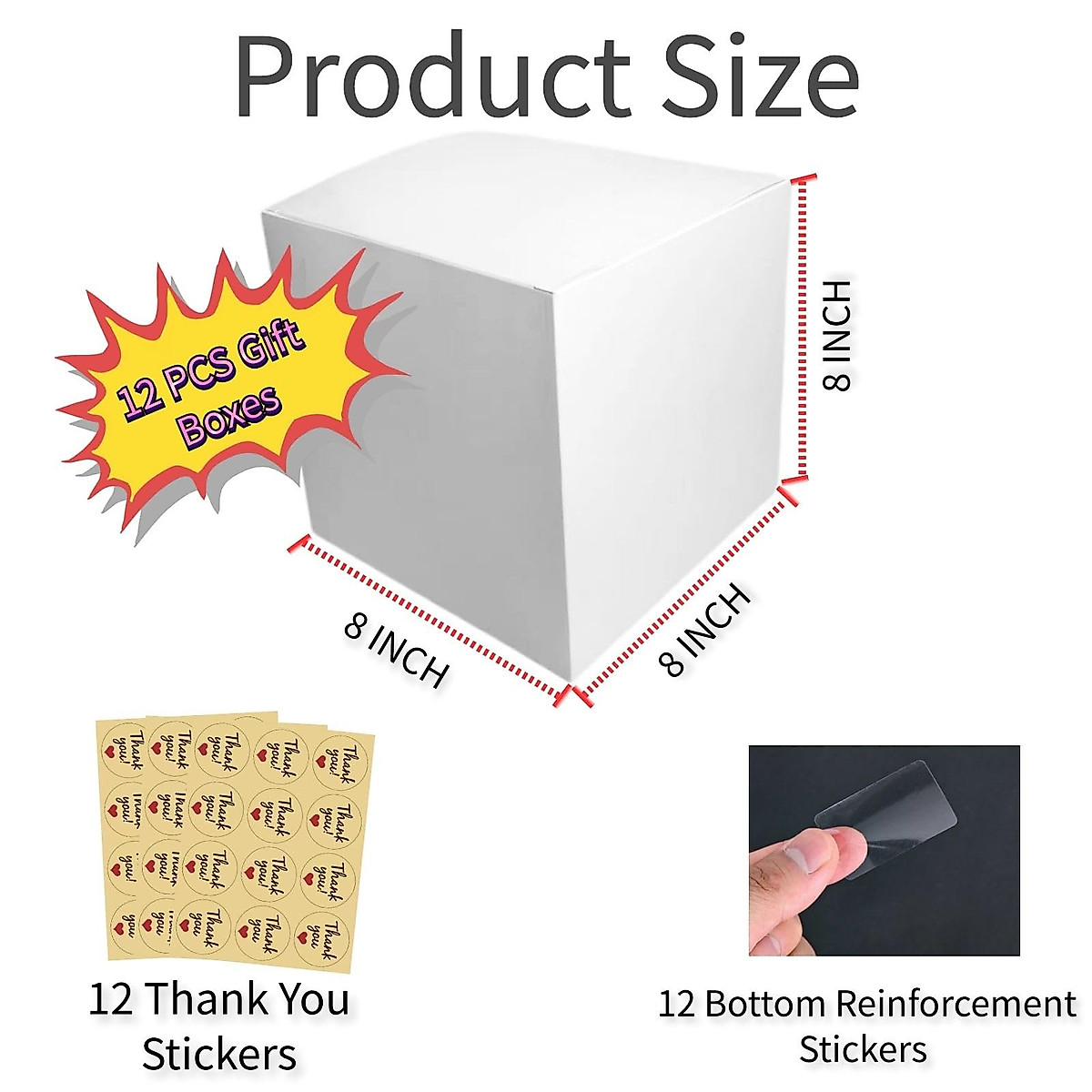 XCXGYCA White Gift Boxes 12 Pack 8x8x8 IN Small Gift Boxes With Lids for Birthday Party Gift Boxes, Bridesmaid Proposal Gift,Christmas Gift Boxes,Graduation, Holiday, With 12 Thank You Stickers &