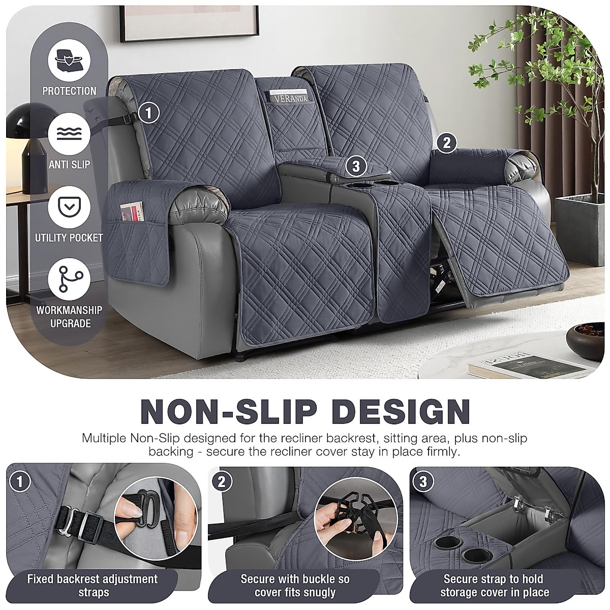 TAOCOCO Loveseat Recliner Cover with Console, Non-Slip Split Reclining Pet Cover for Dual Loveseat Recliner, Furniture Protector with Elastic Straps (2 Seater, Dark Grey)