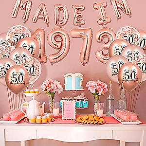 Rose Gold 50th Birthday Decorations Set 15 Pcs Rose Gold Happy 50th Birthday Latex Balloons and Large Made in 1973 Foil Balloons Banner Backdrop for Women Fifty Year Old Birthday Party Decor Supplies