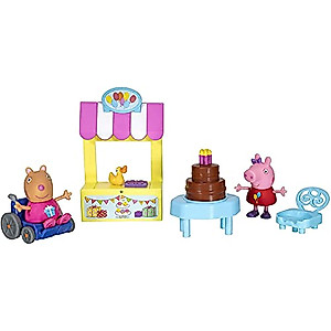 Peppa Pig Perfect Birthday Party Playset, 5 Piece - Includes Peppa and Mandy Mouse Character Figures, Birthday Surprise Stand, Chocolate Cake Table & Chair - Toy Gift for Kids - Ages 2+