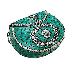 Trend Overseas Ethnic Antique Indian Handmade Mosaic Stone Chip Bag Bridal Clutch, Green, M