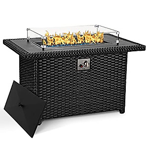 44 in Propane Gas Fire Table Auto-Ignition 50,000BTU， Rectangle Woven Rattan Fire Pit for Outside Patio Garden Deck & Backyard，with Lid and Blue Glass Beads, Glass Wind Guard,CSA Approved(Black)