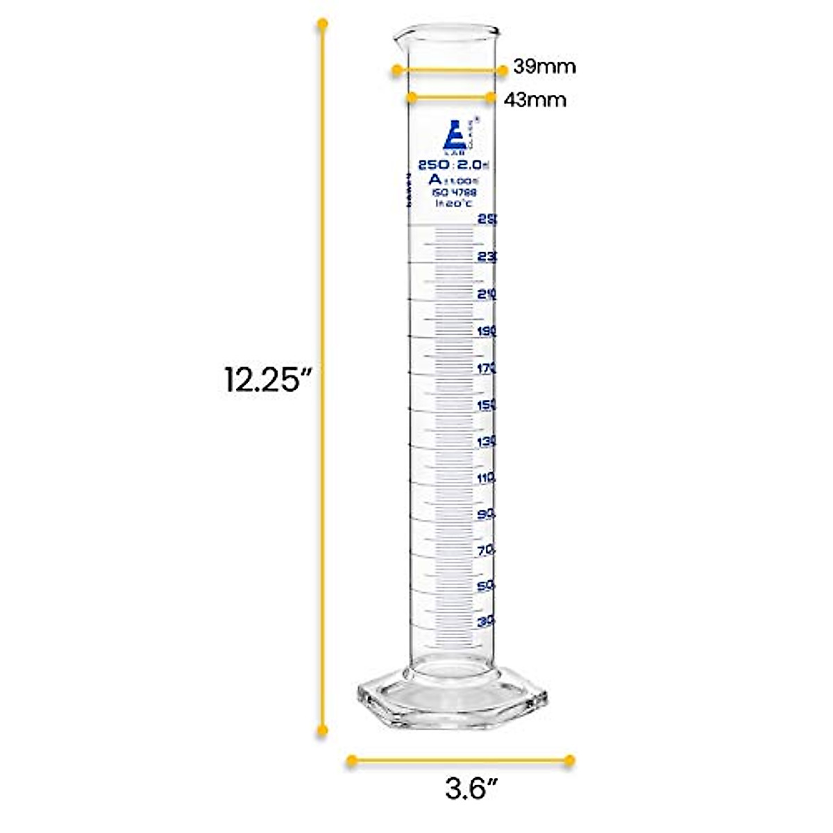 EISCO Graduated Cylinder, 250ml - Class A Tolerance ±1.00ml - Hexagonal Base - Blue Graduations - Borosilicate 3.3 Glass