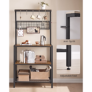 VASAGLE Bakers Rack, Coffee Bar, Kitchen Storage Shelf Rack with 10 Hooks, 3 Shelves, Adjustable Feet, for Microwave Oven, 15.7 x 33.1 x 66.9 Inches, Industrial, Rustic Brown and Black UKKS17BX