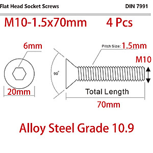 M10-1.5 x 70mm Flat Head Socket Cap Screws,Alloy Steel Grade 10.9, DIN 7991,Black Oxide, Allen Hex Drive,Hex Socket Drive, Fully Thread 4Pcs
