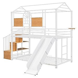 CALABASH Twin Over Twin House Bunk Beds with Slide and Storage Stair with Storage Stairs, Steps Kids Metal Low Bunk Beds with Guardrails for Girls & Boys (White)